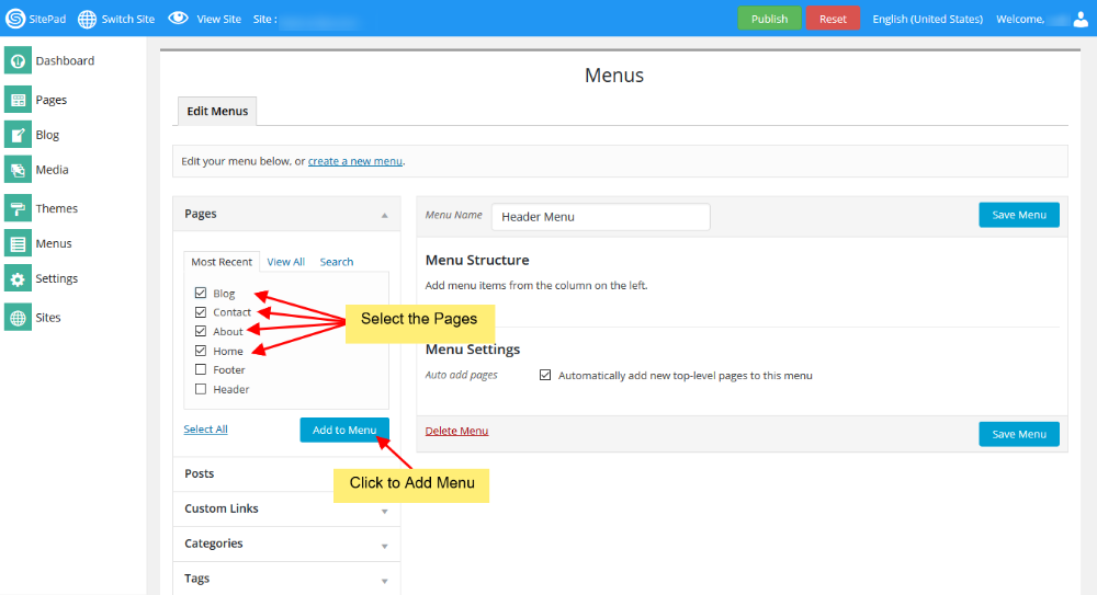 Creating Menu – SitePad